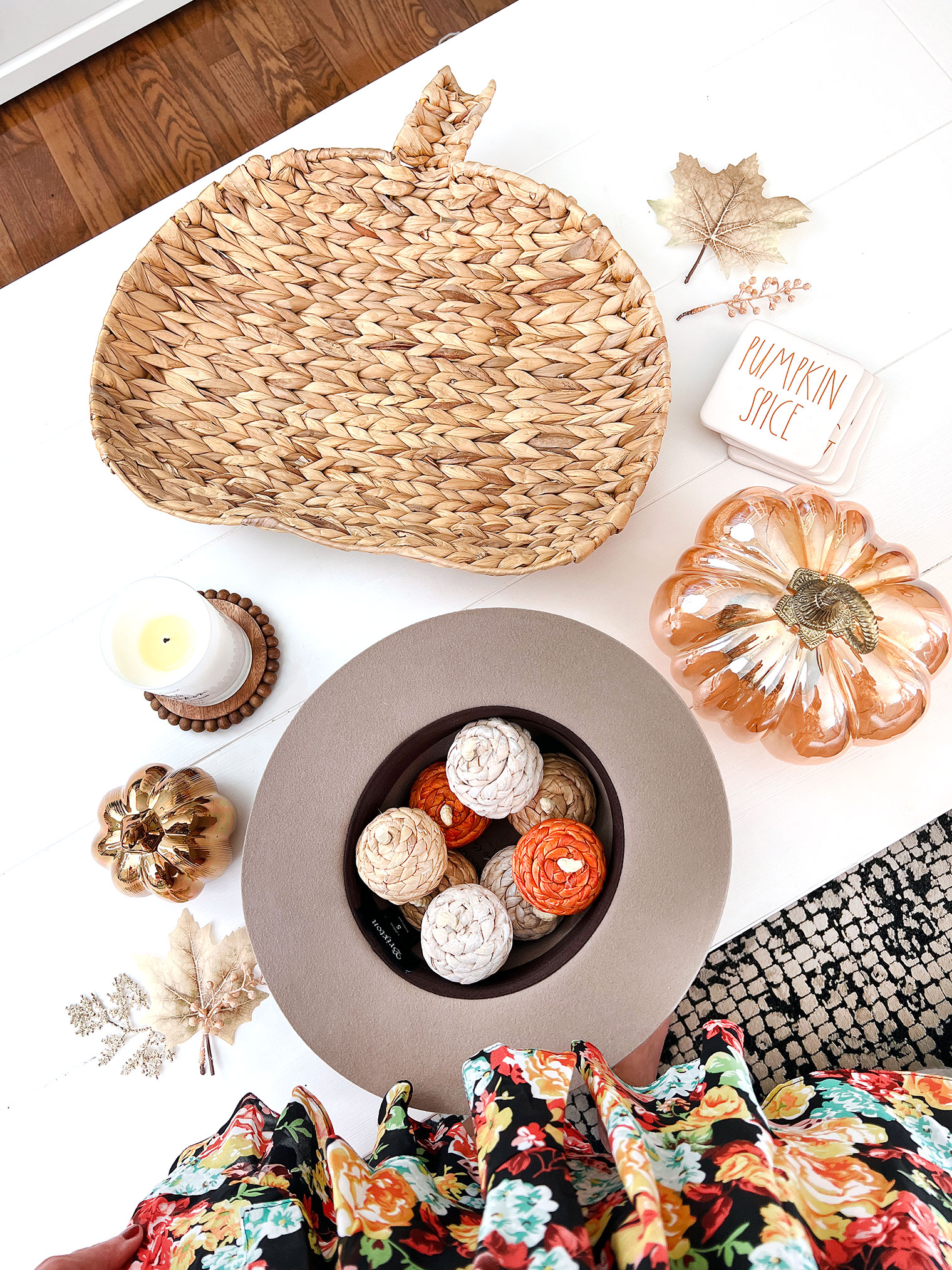 Fall Coffee Table Decor with Woven Pumpkin Tray - Curly Crafty Mom