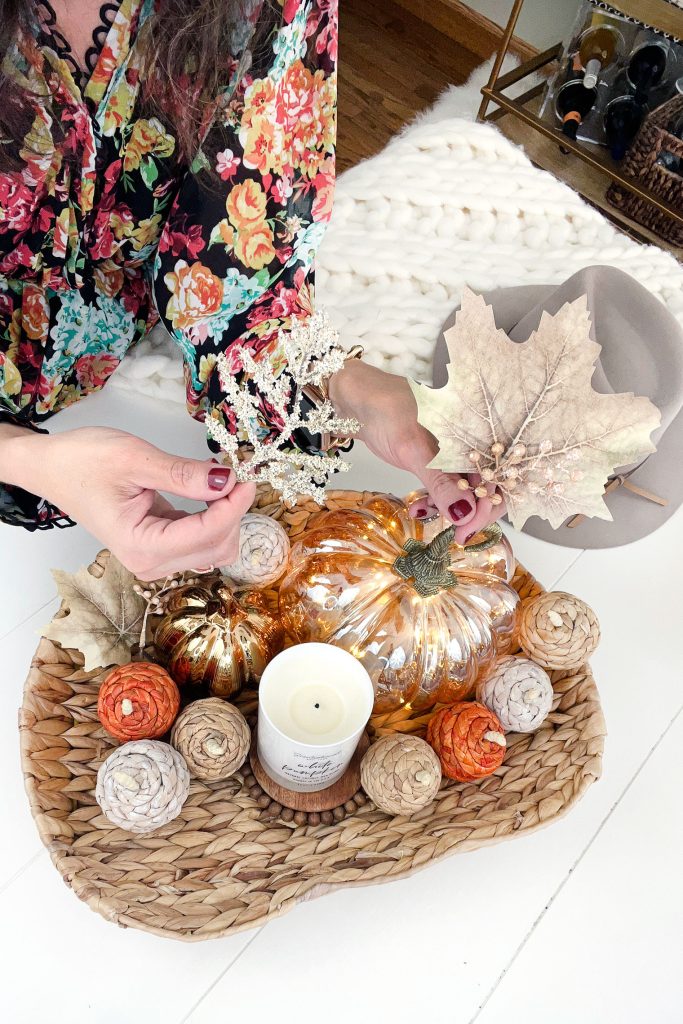 Fall Coffee Table Decor with Woven Pumpkin Tray - Curly Crafty Mom