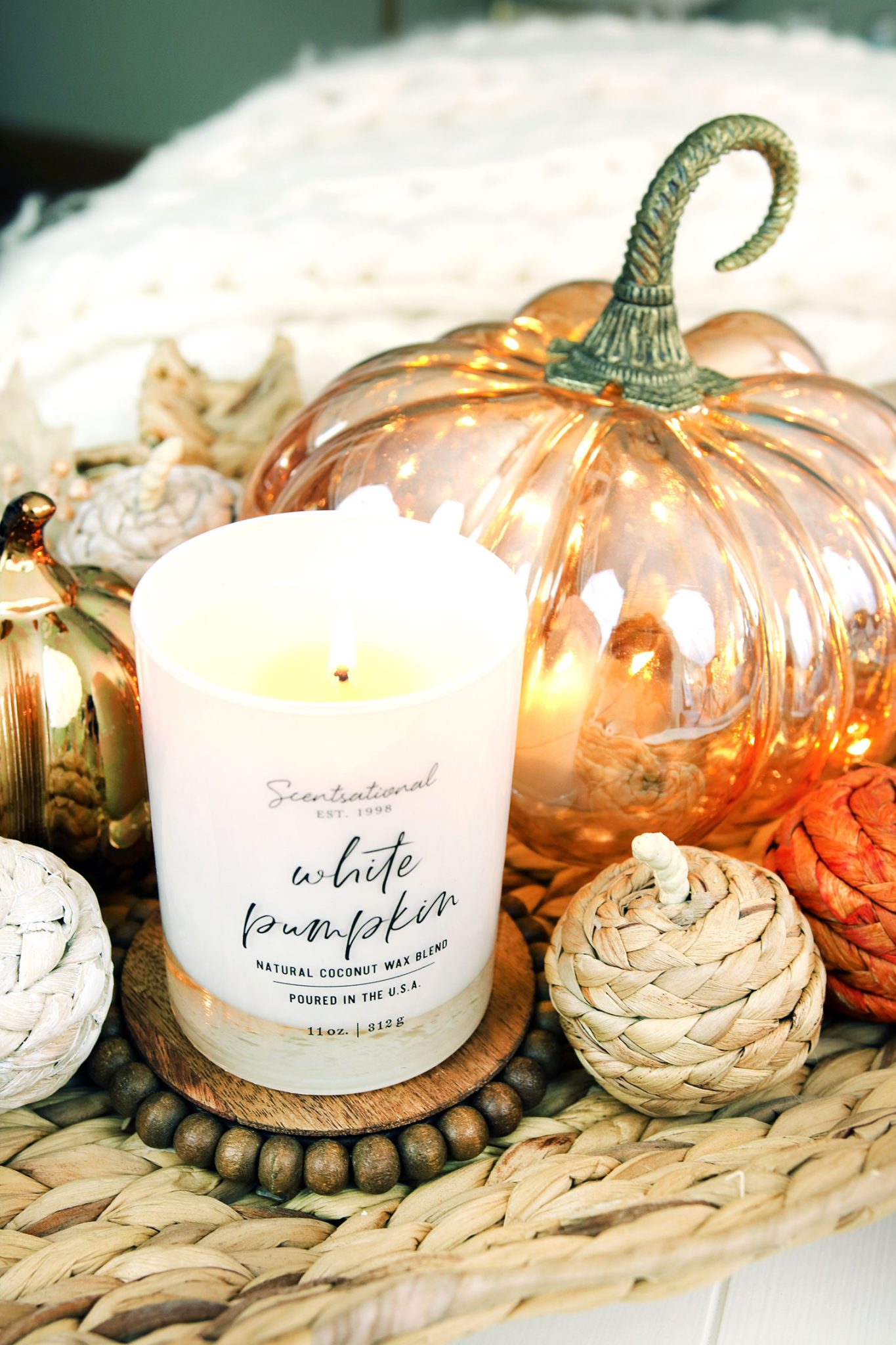 Fall Coffee Table Decor with Woven Pumpkin Tray - Curly Crafty Mom